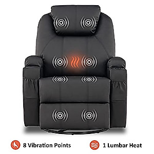 MCombo Manual Swivel Glider Rocker Recliner Chair with Massage and Heat for Adult, Cup Holders, USB Ports, 2 Side Pockets, Faux Leather 8031 (Black)