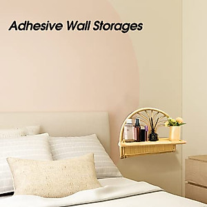 T'Furni Rattan Wall Shelf for Living Room Kitchen Wall Decor - Natural Rattan Floating Shelves - Semicircular Shelf Wall Decor - Natural Hanging Book - Wall Shelf with Storage