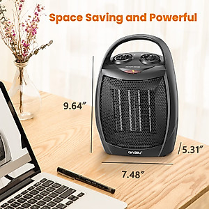 andily Compact Portable Ceramic Space Heater with Adjustable Comfort control Thermostat, 3 settings, Easy handle, Great for use in Home, Dorm, Office Desktop, and Kitchen, ETL for Safe (Black)
