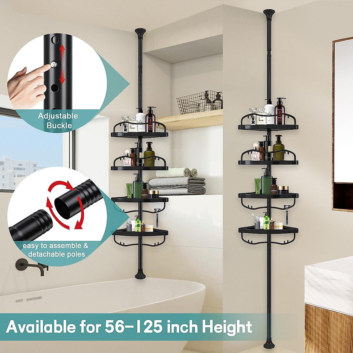NEZHEIZERY Shower Caddy Tension Pole, Quick Installation Rustproof Corner Shower Caddy 56-125 Inch Adjustable Bathroom Organizer, 4 Tiers Plastic Shelves for Shampoo Storage