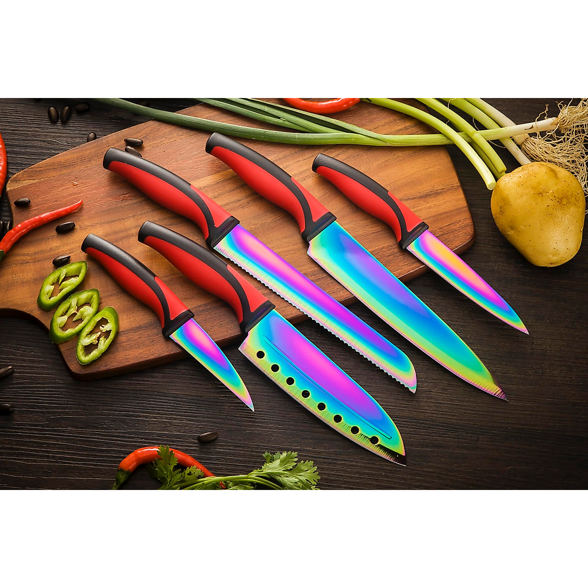 SiliSlick Kitchen Knife Set Professional, Titanium Coated Stainless Steel Blades, Dishwasher Safe, Safety Sheaths, 5 Knives