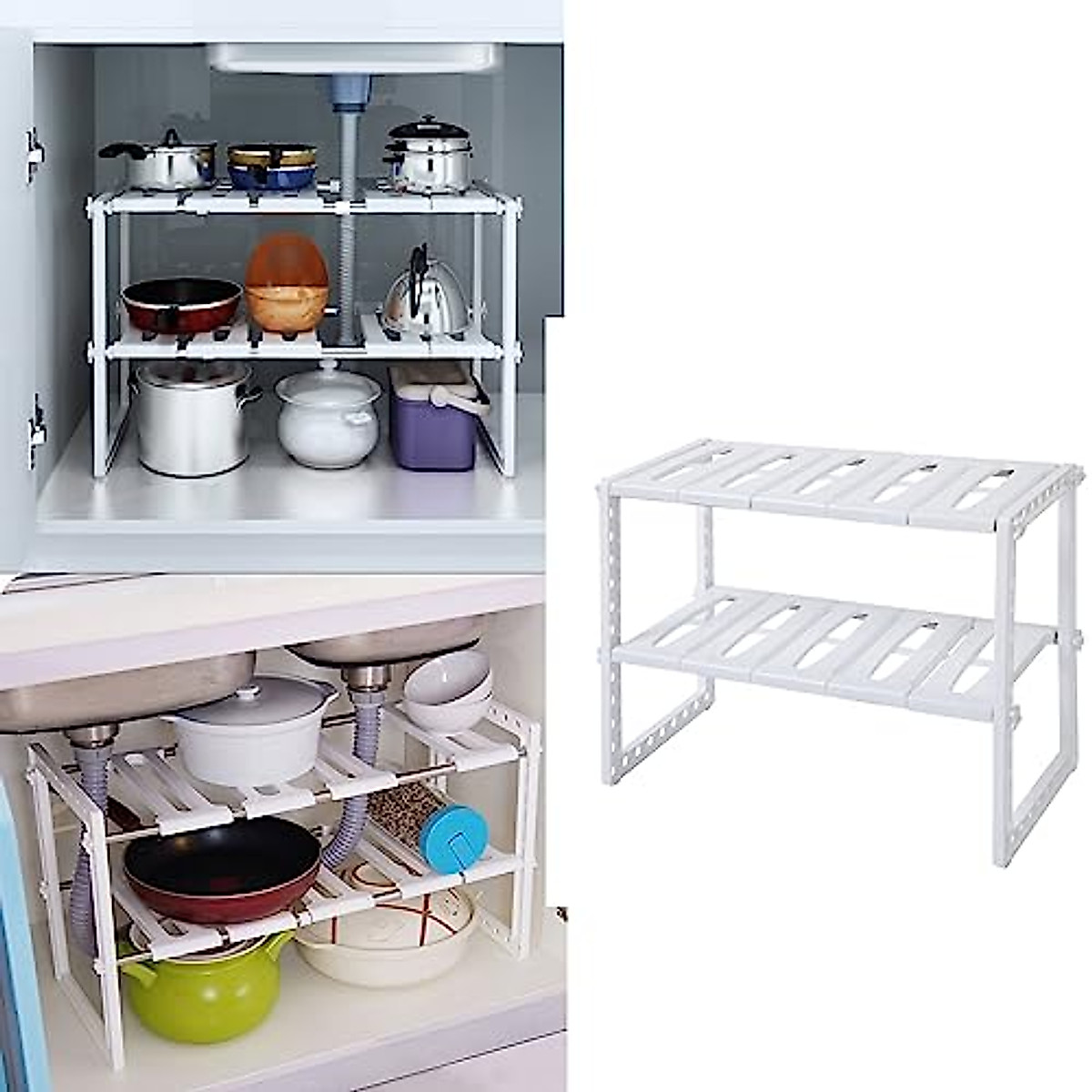 2-Tier Under Sink Organizers Storage Rack Extendable Kitchen Cabinet Shelf Organizer Rack Under Sink Shelf White;Length extendable from 15"to26"