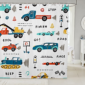 Cartoon Car Boys Shower Curtain Cute Hand Drawn Tractors Truck Bathroom Curtain Colorful Vehicles Waterproof Curtain for Teens Kids Room Decor Modern Traffic Bath Curtain White,12 Hooks,72" Wx78 L