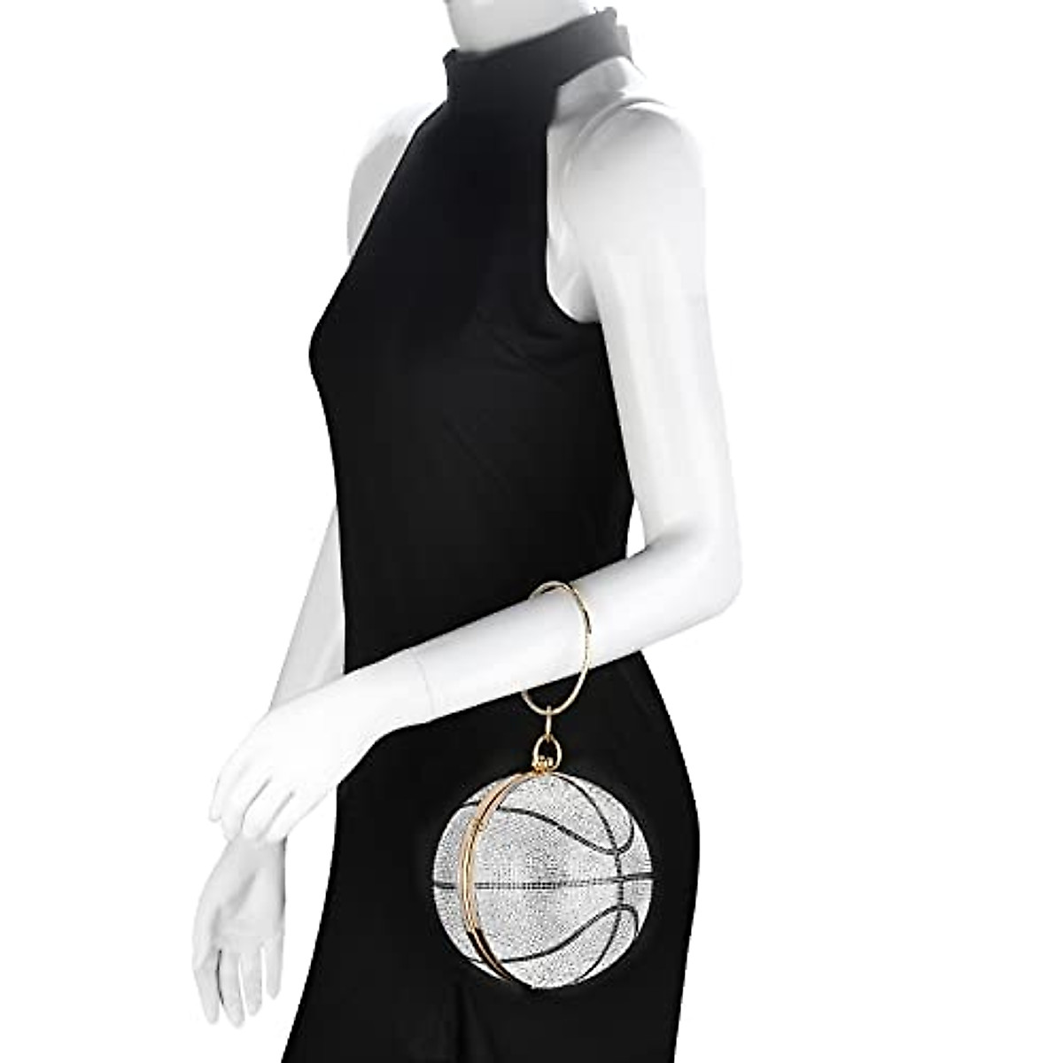 Clutch Purses for Women Evening, Small Basketball Rhinestone Lady Party Wedding Bag, Crossbody Shoulder Ring Handle Handbag (Silver)