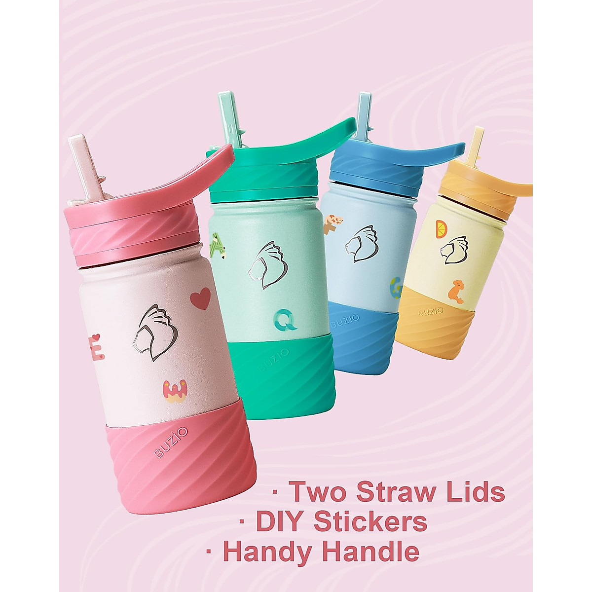 BUZIO 14oz Kids Water Bottle Stainless Steel Insulated Metal Water Bottles with Straw for Toddlers, BPA-Free Double Wall Water Flask Leak Proof Tumbler for School Boys Girls with Stickers, pink