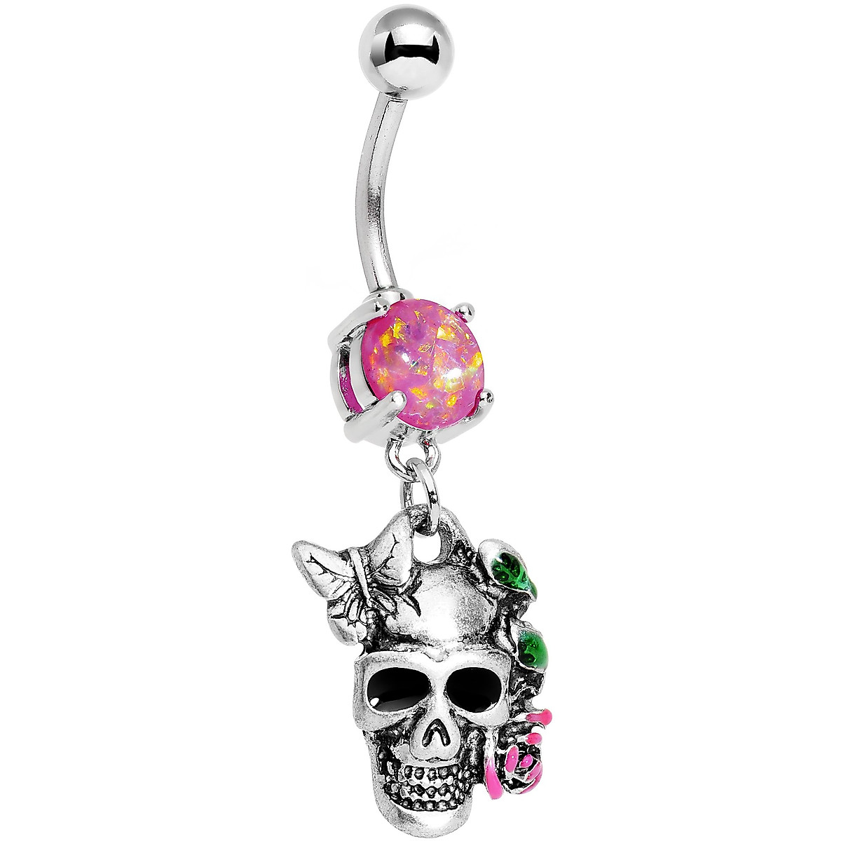Body Candy Stainless Steel Iridescent Pink Accent Beautiful Butterfly Rose Skull Dangle Belly Ring