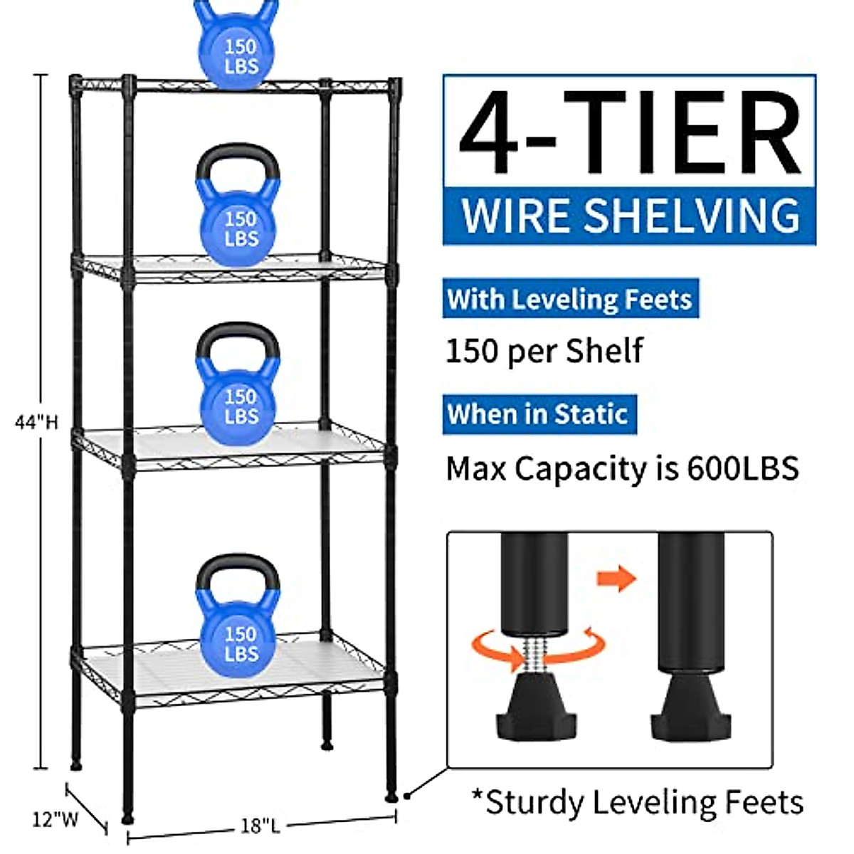 YRLLENSDAN Adjustable Height Wire Shelving with Shelf Liners, 4 Tier Metal Storage Shelves 600lbs Loading Capacity Shelving Units and Storage for Kitchen and Closet (18W x 12D x 44H), Black