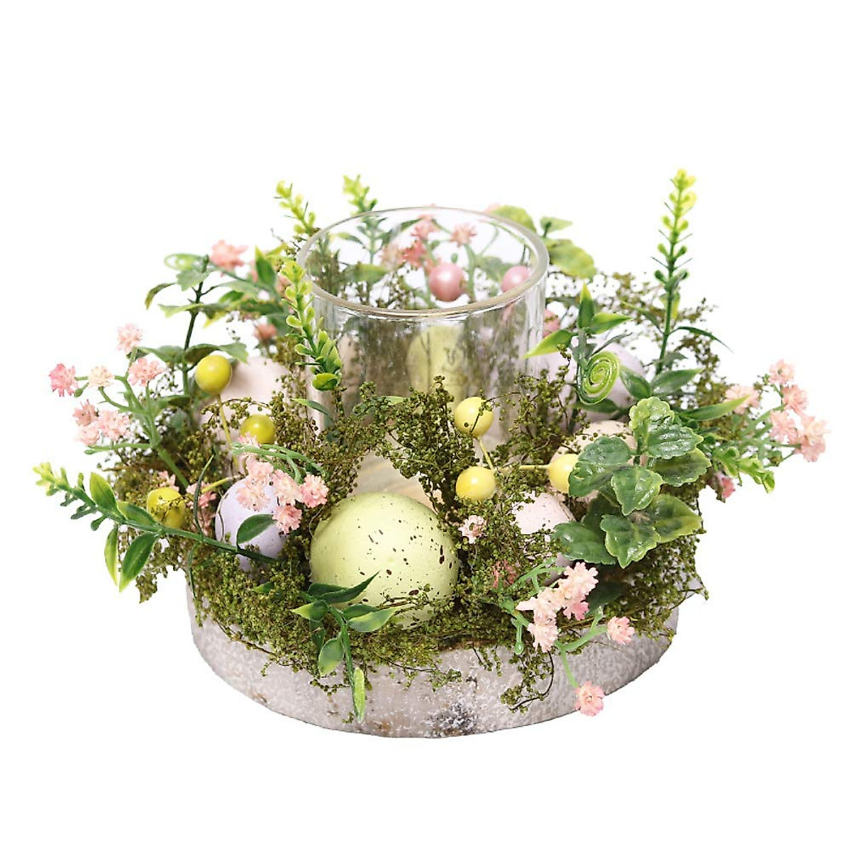 Easter Candle Holder with Pastel Eggs and Mixed Flowers Hurricane Candlestick with Glass Screen Cover Spring Candleholder Small Wreath Candlestick Centrepiece Table Top Decoration Easter Ornaments