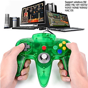 2 Pack Classic N64 Controller, miadore N64 Wired USB PC Game pad Joystick, N64 Bit USB Wired Game Stick Joy pad Controller for Windows PC MAC Linux Raspberry Pi 3 Sega Genesis (Clear Green/Black)