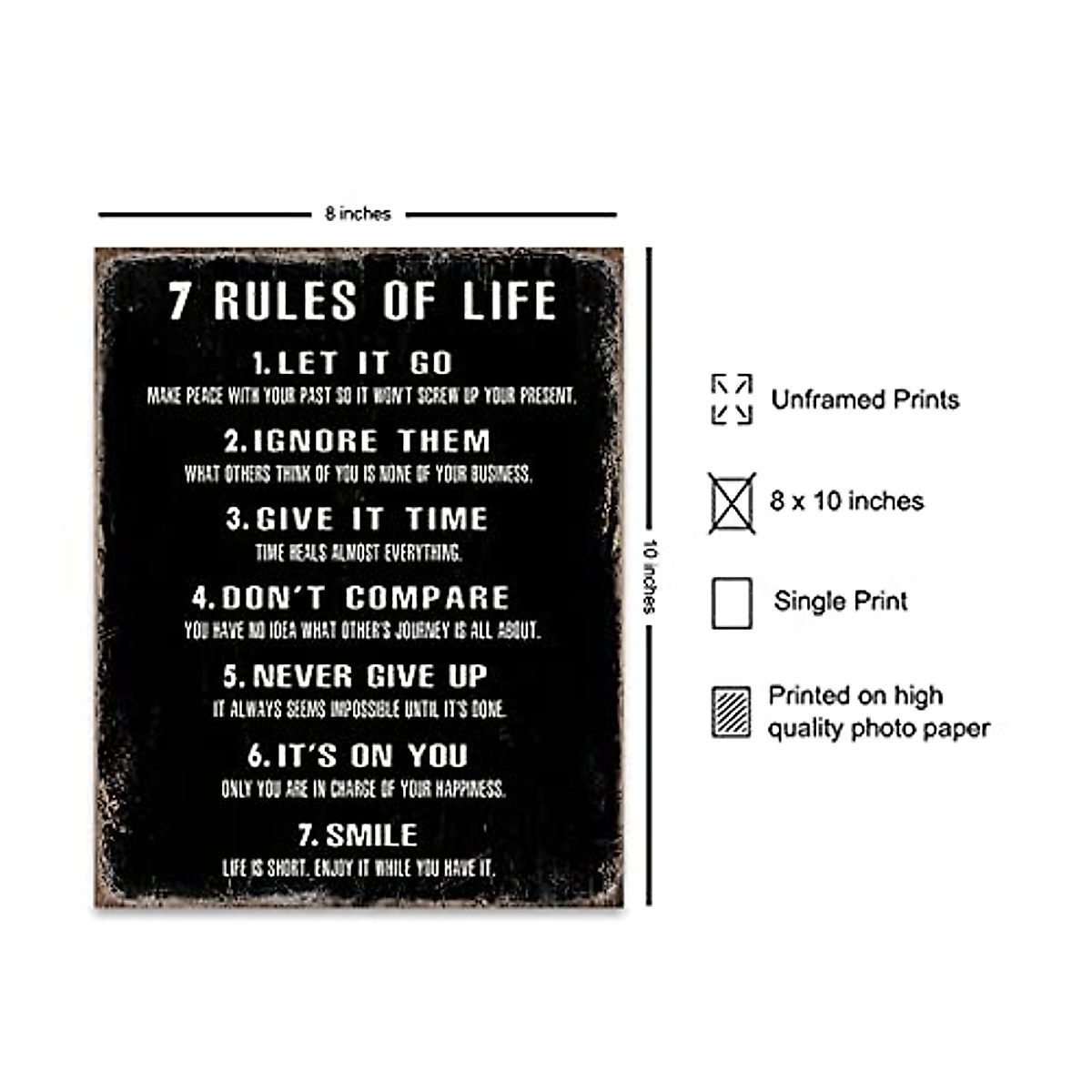 7 Rules Of Life Wall Art - Motivational Posters, 8x10 - Inspirational Gifts for Women, Men - Inspirational Wall Decor - Inspiring Positive Quotes Wall Decor - Home Office, Bedroom, Living Room
