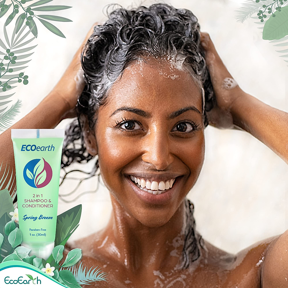 EcoEarth Travel Size Shampoo Conditioner 2-in-1 (1 fl oz, 100 PK, Spring Breeze) Delight Your Guests w/Revitalizing & Refreshing Conditioning Shampoo Amenities, Small Size Hotel Toiletries in Bulk