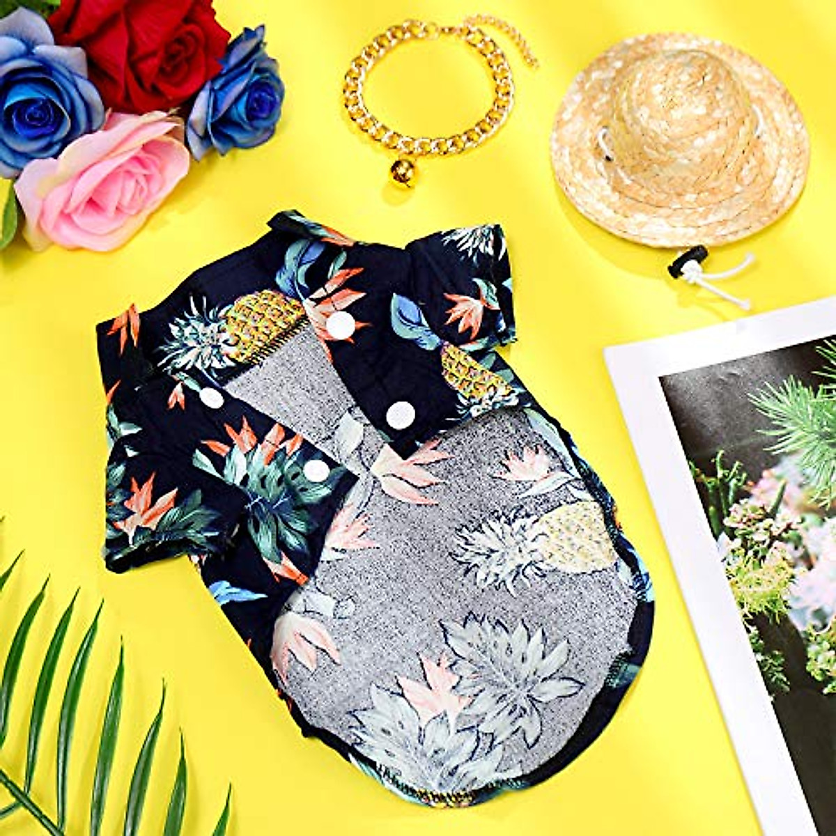 3 Pieces Pet Dog Hawaiian Costume Include Hawaiian Dog T-Shirts Pineapple Print Puppy Summer Clothes, Straw Hat and Cool Gold Chain Necklace for Small Medium Dogs (Medium, Navy Blue)
