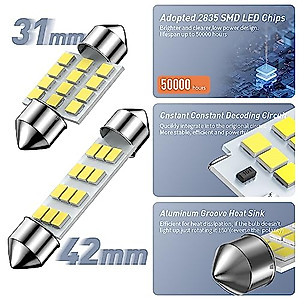 32 Pcs Dome Light Bulb LED Car Bulb Kit Set Interior Car Light Bulbs T10 T5 31MM DE3175 42MM Festoon Replacement Bulbs for Door,Courtesy,License Light(White)