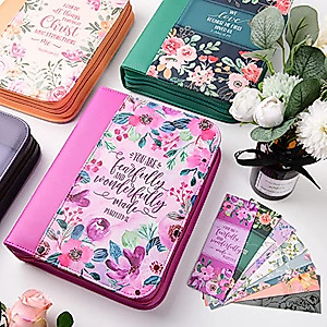 Bible Cover Case for Women with 7 Paper Bookmarks Sets Floral PU Leather Bible Cover Bag with Pockets and Zipper for Standard and Large Size Study Bible 10.8"x7.7"x2" (Purple Floral)