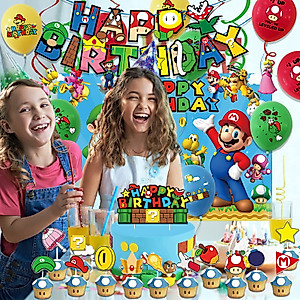 Mario Birthday Party Supplies Decorations Mario Backdrop Banner Cake Topper Balloons for Mario Birthday Party Favors