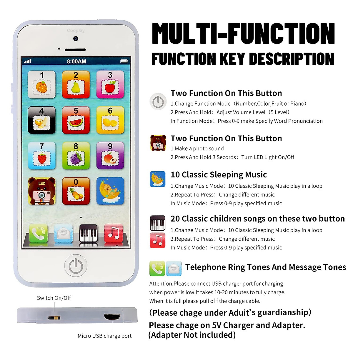 Cooplay Learning Smart Phone Toy Music Lullaby Song Touch Screen Type-C Recharable Cell Phone Mobile Yphone for Toddler Baby