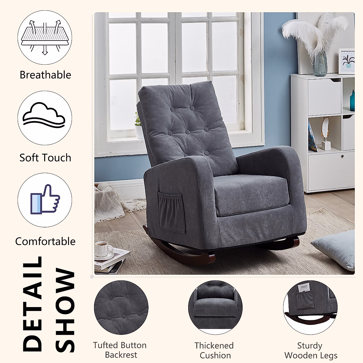 Dolonm Rocking Chair Modern Glider Chair for Baby Nursery Upholstered Velvet Rocker Tufted Button High Back Accent Armchair for Living Room, Bedroom, Office (Antique Gray)
