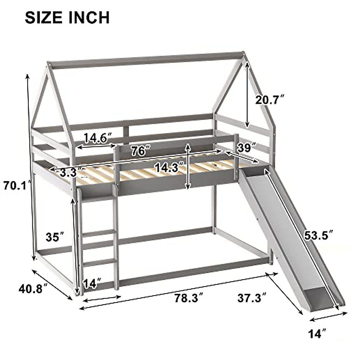 Twin Size Bunk House Bed with Convertible Slide and Ladder,Twin Over Twin Wooden Bed Frame with Guardrails for Kids Teens Girls Boys,Gray
