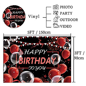 CGXINS Red and Black Happy Birthday Photography Backdrop Balloon Confetti Happy Birthday Banner for Men Woman Birthday Party Decorations 5x3ft Anniversary Party Photo Background