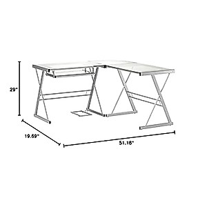Walker Edison Ellis Modern Glass Top L Shaped Corner Gaming Desk with Computer Keyboard Tray, 51 Inch, Silver