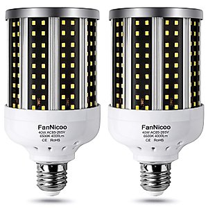 LED Corn Light Bulb 2 Pack 280W Equivalent Cool Bright Daylight White 40W 6500K 4000 Lumen E26/E27 Medium Base New Corn Shape 360°Beam Angle for Outdoor Indoor Factory Warehouse Garage Shop Street