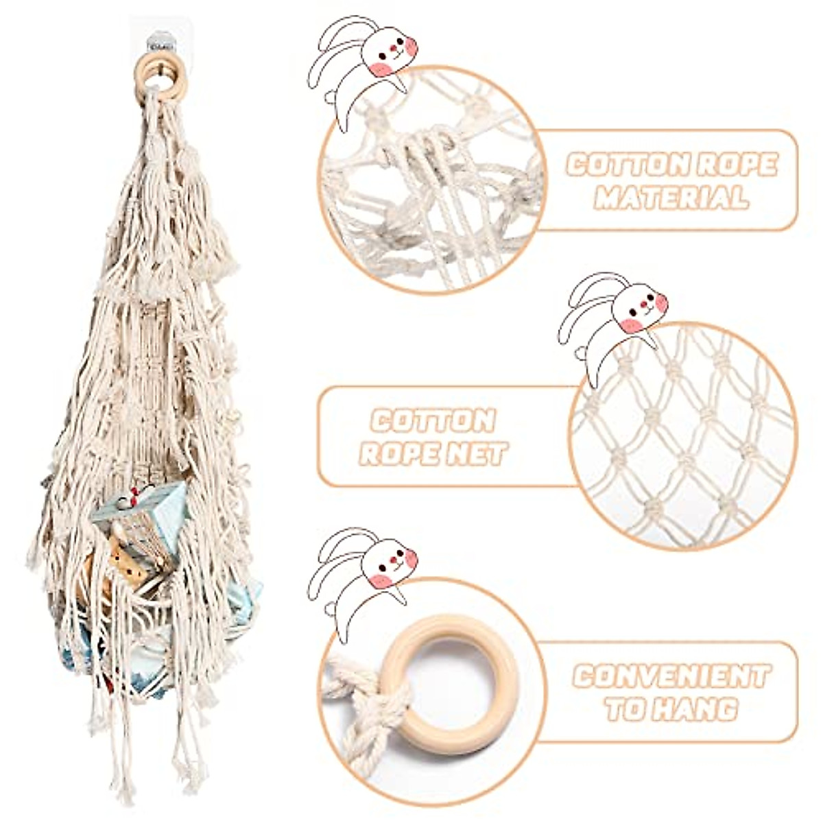 Cabilock Macrame Toy Hammock Macrame Hanging Net Kids Hanging Toys Fruit Basket Boho Wall Baskets Organizer Baskets Countertop Space Saver for Fruits Vegetables Corner Stuffed Animal Hammock