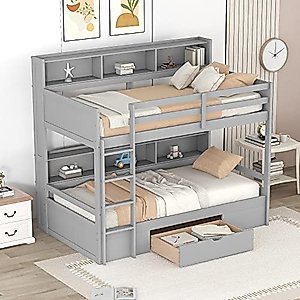Merax Twin Size Bunk Bed with Built-in Shelves Beside Both Upper and Down Bed and Storage Drawer, Twin Over Twin Solid Wood Bed Frame for Teens, Grey