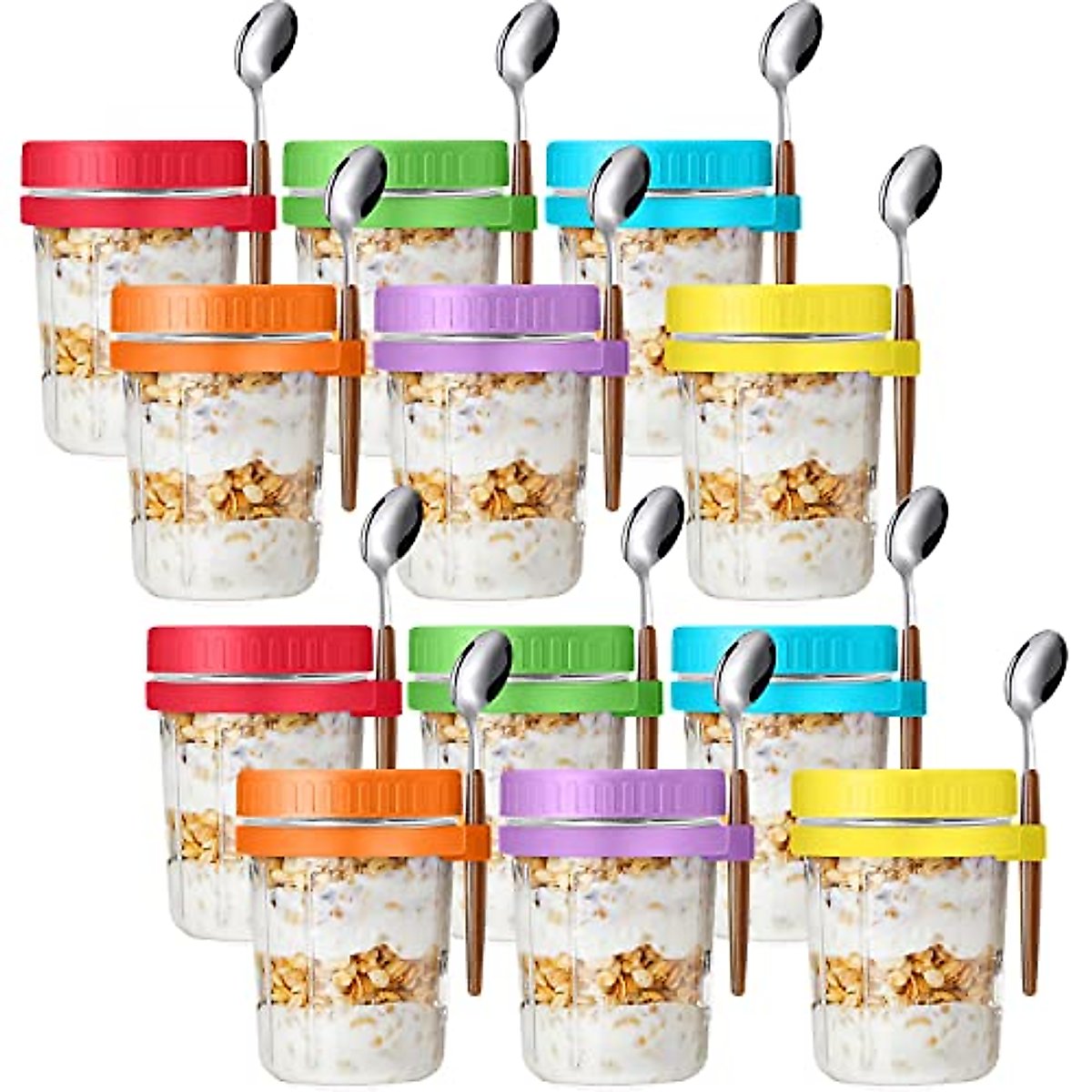 Sumind 6 Pack Overnight Oats Containers with Lids and Spoons 10 oz Large Capacity Airtight Oatmeal Container Glass Mason Overnight Oats Jars Reusable Container for Cereal Yogurt and Parfait