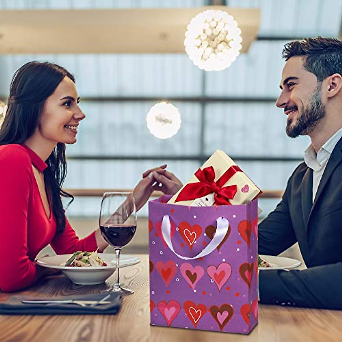 24 Pieces Valentines Paper Bags Kraft Party Hearts Bags with White Ribbon for Valentines Day Galentines Day Anniversary, 7.9 x 6.3 x 2.4 Inch/ 20 x 16 x 10 cm,8 Styles