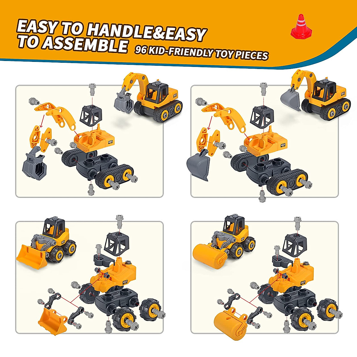 YONGJULE Construction Vehicle Toys, Take Apart Toys for 3 Year Old Boys, Excavator, Bulldozer, Roller, Loader Toy for Kids, Educational Toys Gifts for Children 3 4 5 6 Years Old