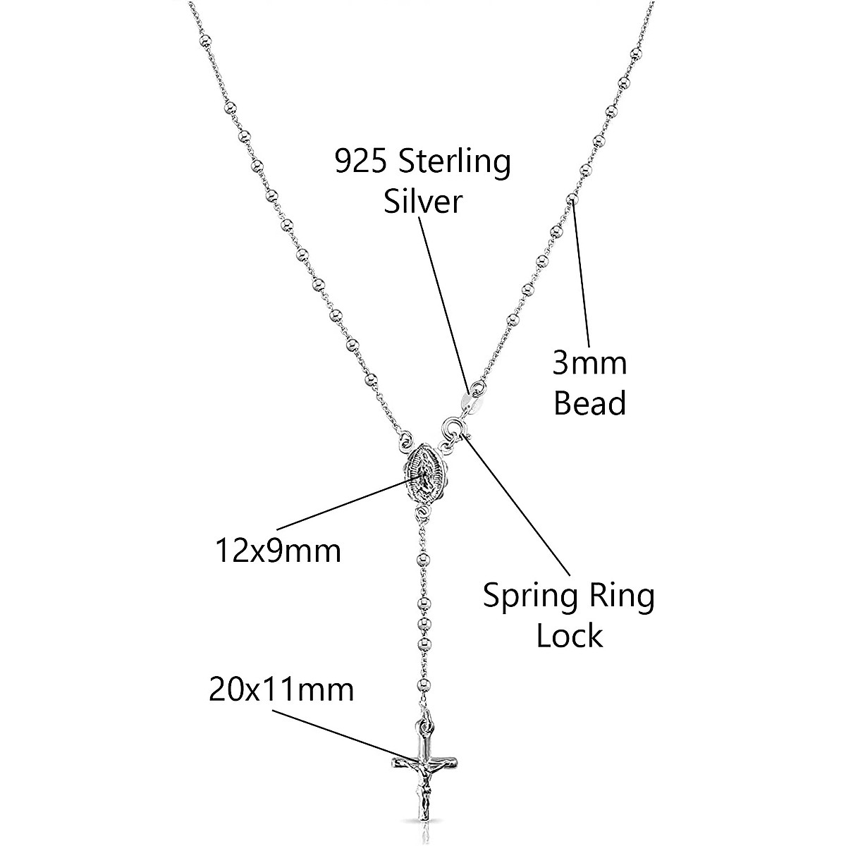 Savlano 925 Sterling Silver Italian Solid Bead Chain Cross & Rosary Virgin Mary Pendant Y Necklace Comes With Gift Box for Women - Made in Italy (20, 3mm)