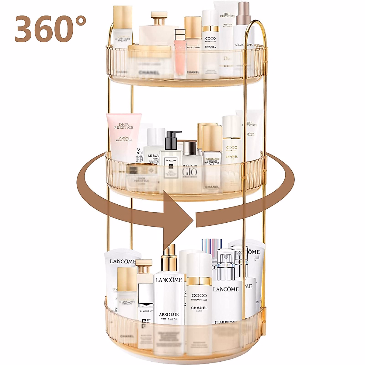 shuang qing Rotating Makeup Organizer for Vanity 3 Tier, High-Capacity Skincare Clear Make Up Storage Perfume Organizers Cosmetic Dresser Organizer Countertop 360 Spinning （Gold）