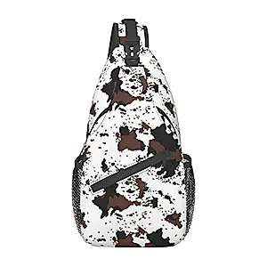 Cow Print Sling Bag Crossbody Backpack,Rustic Spotted Cow Fur Texture Black Brown Cowhide Chest Bag Adjustable Shoulder Backpack Western Farmhouse Animal Skin Travel Hiking Daypack For Men Women
