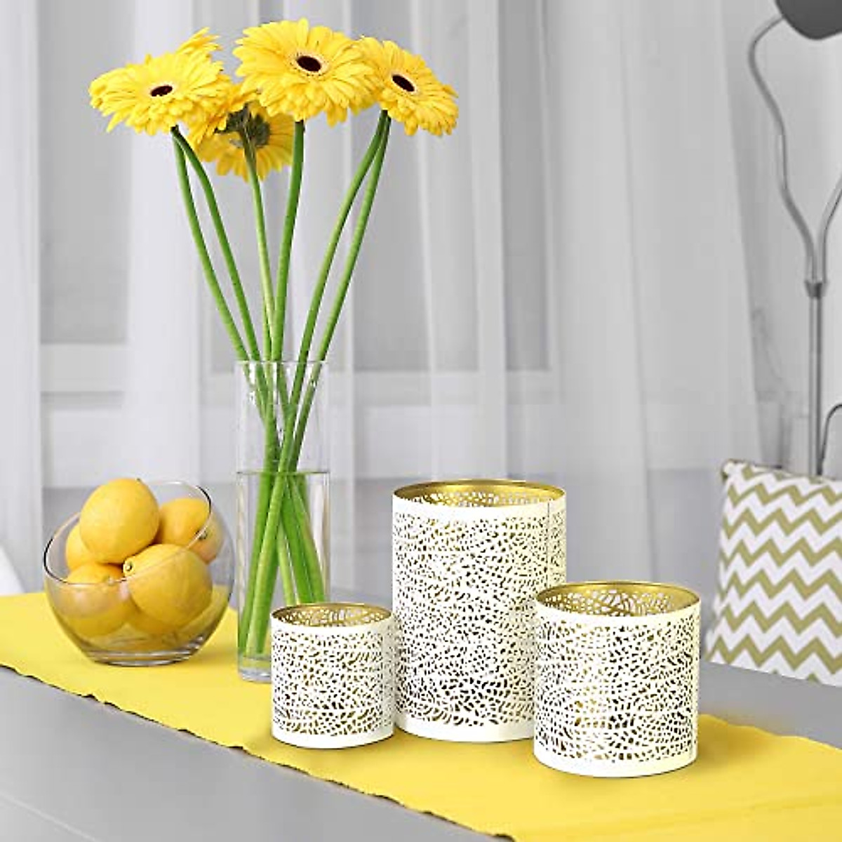Lazy Gifts Set of 3 White and Gold Metal Decorative Nesting Hurricane Candle Holders. Elegant Style Centerpiece - add Accents to Weddings, Functions and Home décor with These Large Candle Holders