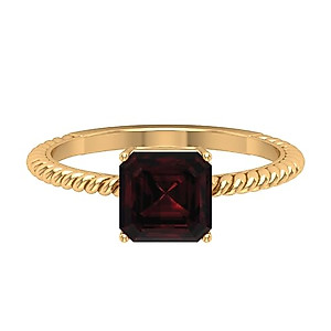 Real Garnet Solitaire Twisted Rope Ring for Women (8 MM Asscher, AAA Quality, January Birthstone Jewelry), 14K Yellow Gold, Size:US 6.50