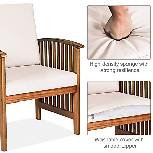 Tangkula Outdoor 4 Pcs Acacia Wood Sofa Set w/Water Resistant Cushions, Padded Patio Seating Chat Set w/Coffee Table for Garden, Backyard, Poolside (1, White)