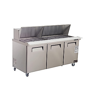Aceland ASR-72BM 3 Door 72" MEGA Top Sandwich Prep Table Refrigerator - 20 Cu.Ft Refrigerated Salad Prep Station Table with Cutting Board and Pans, for Restaurant, Bar, Shop, Residential