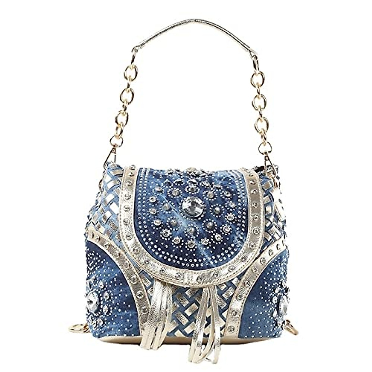 Alice Fan Denim Bag Jeans Tote Bag Fashion Women Handbag Multifunctional Backpack Shoulder Bag with Diamond and Tassel (Gold)