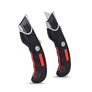 Internet's Best Ergonomic Utility Knife - Set of 2 - Retractable Razor Knife Set - Box Cutter Locking Razor Knife - Storage Pouch Extra Blade Refills - Quick Blade Change - Black