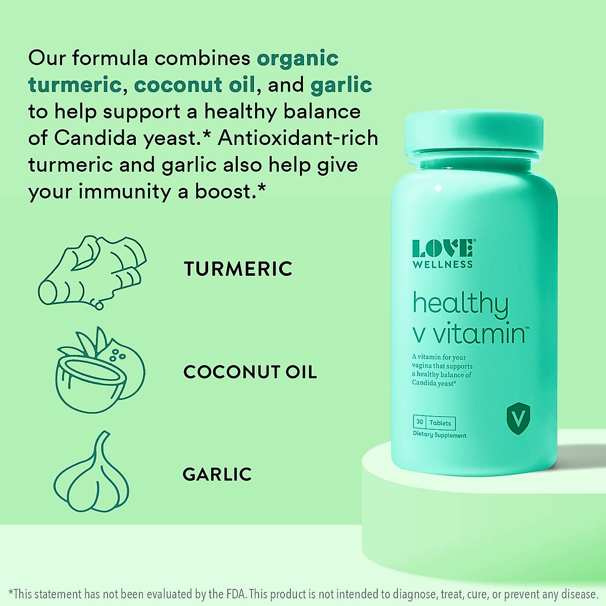 Love Wellness Women's Vaginal Health Supplement, Healthy V Vitamin | Maintains pH Balance, Gut Health & Supports Immunity | Feminine Balance of Candida Yeast with Turmeric & Coconut Oil | 30 Tablets