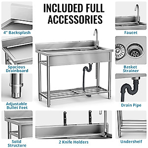 LAFATI Stainless Steel Sink, 304 SUS Free Standing Kitchen Sink Single Bowl With Large Work Station Cold and Hot Water Pipe Undershelf Faucet Drainboard (47 Inch Right Bowl)
