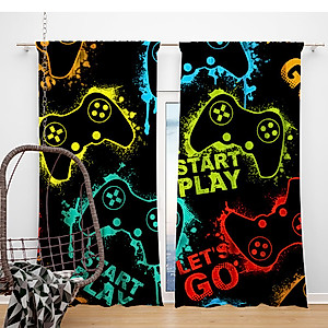 DOTOOMA 82x84 Inches Neon Gamepad Game Window Curtains Start Play Teen Boys Modern Gaming Video GameRoom Bedroom Living Room Decorations Home Window Treatments Drapes 2 Panel