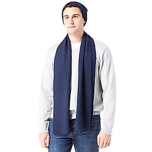 Fishers Finery Men's 100% Cashmere Ribbed Knit Hat and Scarf Set; Gift Box (Nvy)