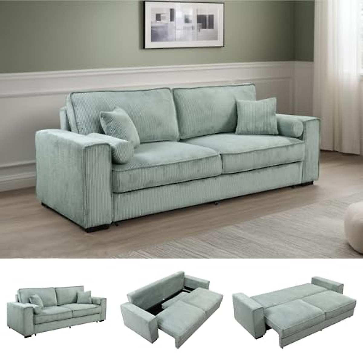 ZIGHTH 91-Inch Corduroy Queen Size Sleeper Sofa Bed with Storage, Convertible Sleeper Couch with Pull Out Bed and 4 Pillows, Hide a Bed Couches for Bedroom, Living Room, Small Places (Gray Green)