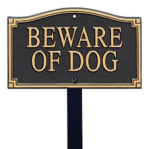 SmartSign Designer Beware of Dog Plaque/Marker/Sign with Stake 18" Tall | 5.75" x 9.5" Aluminum Metal Sign for Yard/Lawn, Gold & Black, Alumi-Shield Coating