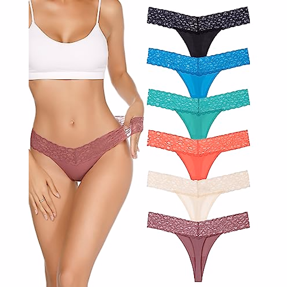UGDUCK Lace Thongs for Women, Seamless Thong Underwear Women Lace Panties No Show Thongs for Women 6 Pack Multicolor