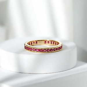 Rosec Jewels Natural Ruby Wedding Eternity Band Ring for Women, Aaa Quality, July Birthstone Full Eternity Band with Certificate, 14K Yellow Gold, Size:US 5.00