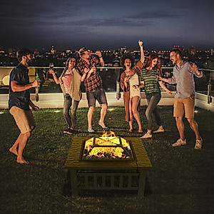 FCH 32" Outdoor Square Fire Pit with BBQ Rack, Rain Cover, Spark Screen Top and Poker Metal Firepit for Outside Backyard Patio Garden Terrace