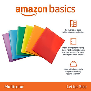 Amazon Basics Heavy Duty Plastic Folders with 2 Pockets for Letter Size Paper, Pack of 12