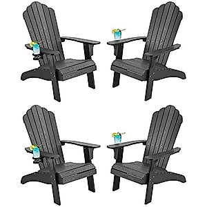 hOmeHua Oversized Adirondack Chair Set of 4, Adirondack Chair Weather Resistant with Cup Holder, Imitation Wood Stripes, Easy to Assemble, Outdoor Chair for Patio, Deck, Fire Pit & Lawn Porch - Black